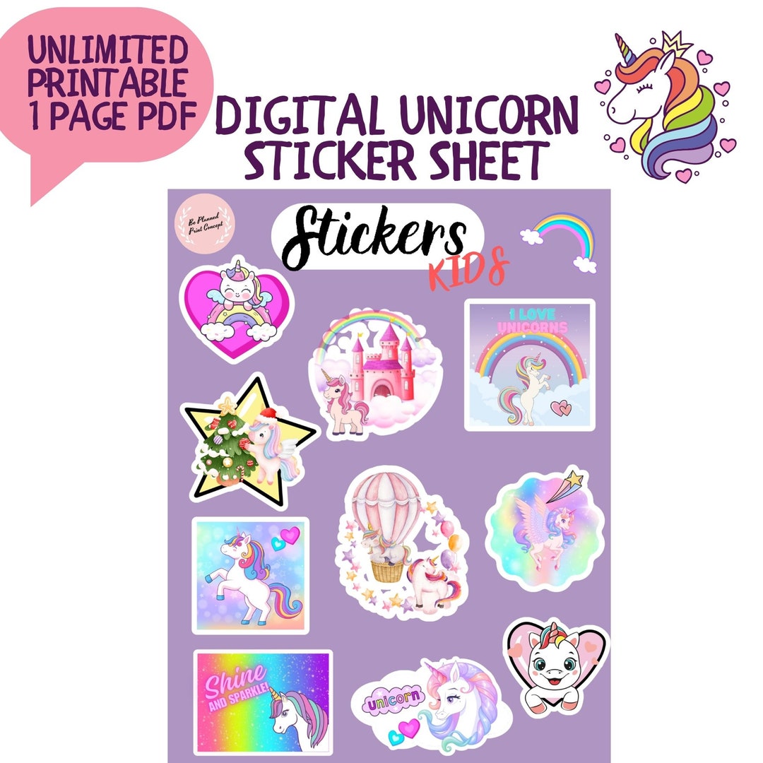 Digital Unicorn Stickers, Cute Kids Sticker, Unicorn Printable Stickers ...