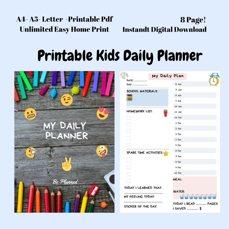 Kids Daily Planner, Kids Daily Schedule, Printable Agenda for Kids ...