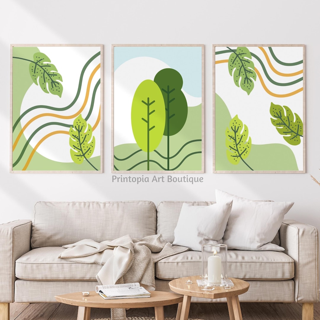 Set of 3 Green Trees & Leaves Art Prints: Minimalist Botanical Decor ...