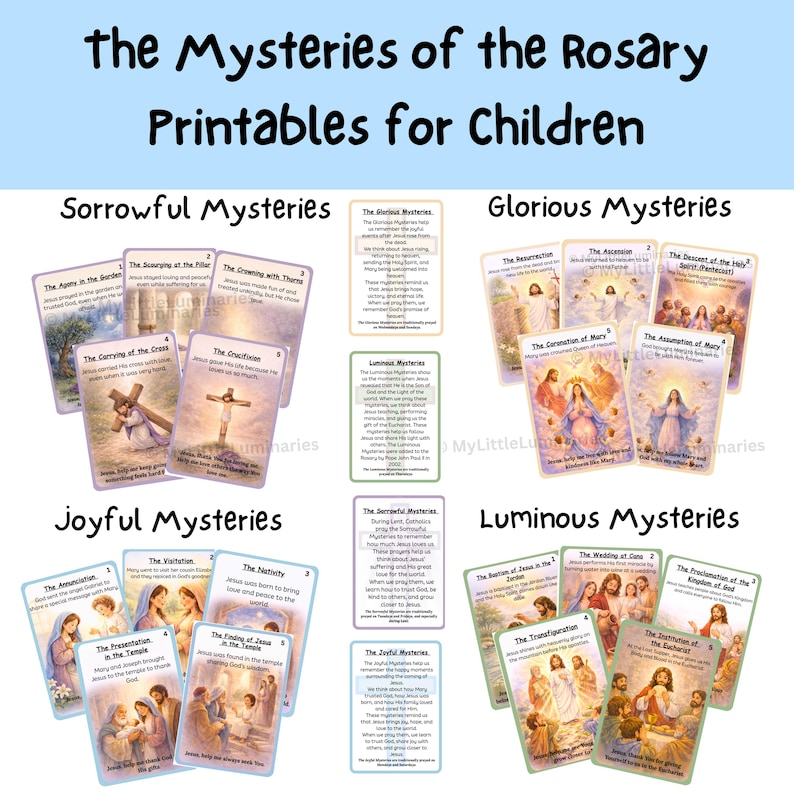 Catholic Rosary Mysteries Cards for Kids, Joyful, Sorrowful, Glorious ...