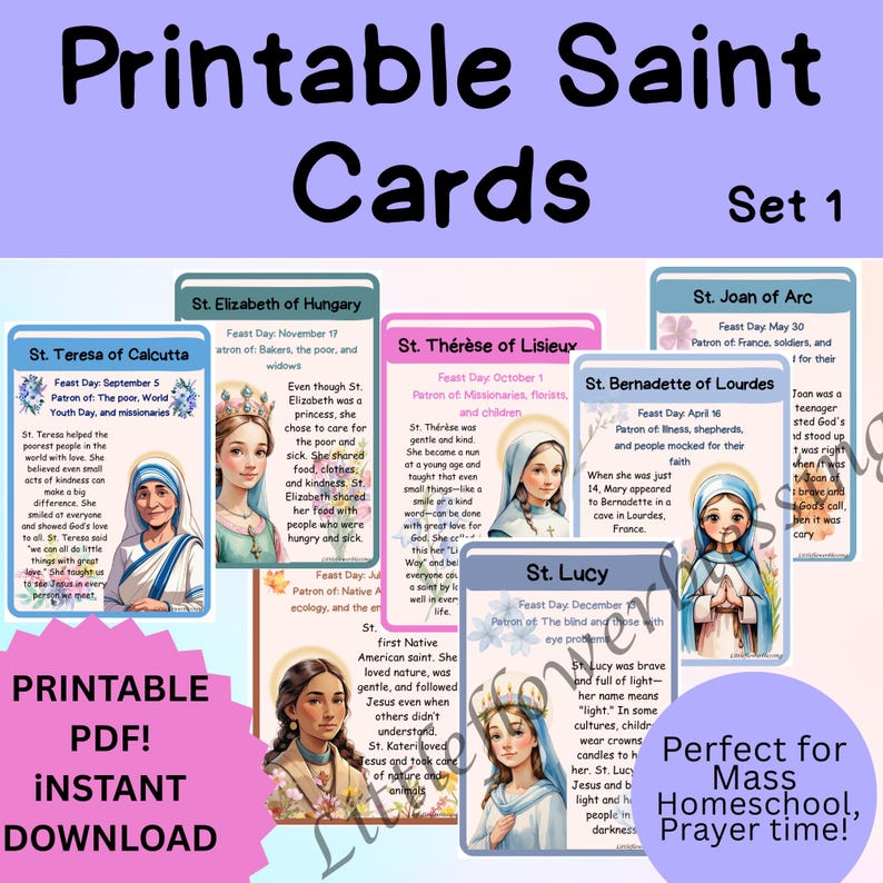 Catholic Saints Flash Cards, Printable Cards for Kids, Catholic ...