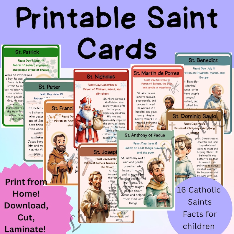Catholic Saints Flash Cards, Printable Cards for Kids, Catholic ...