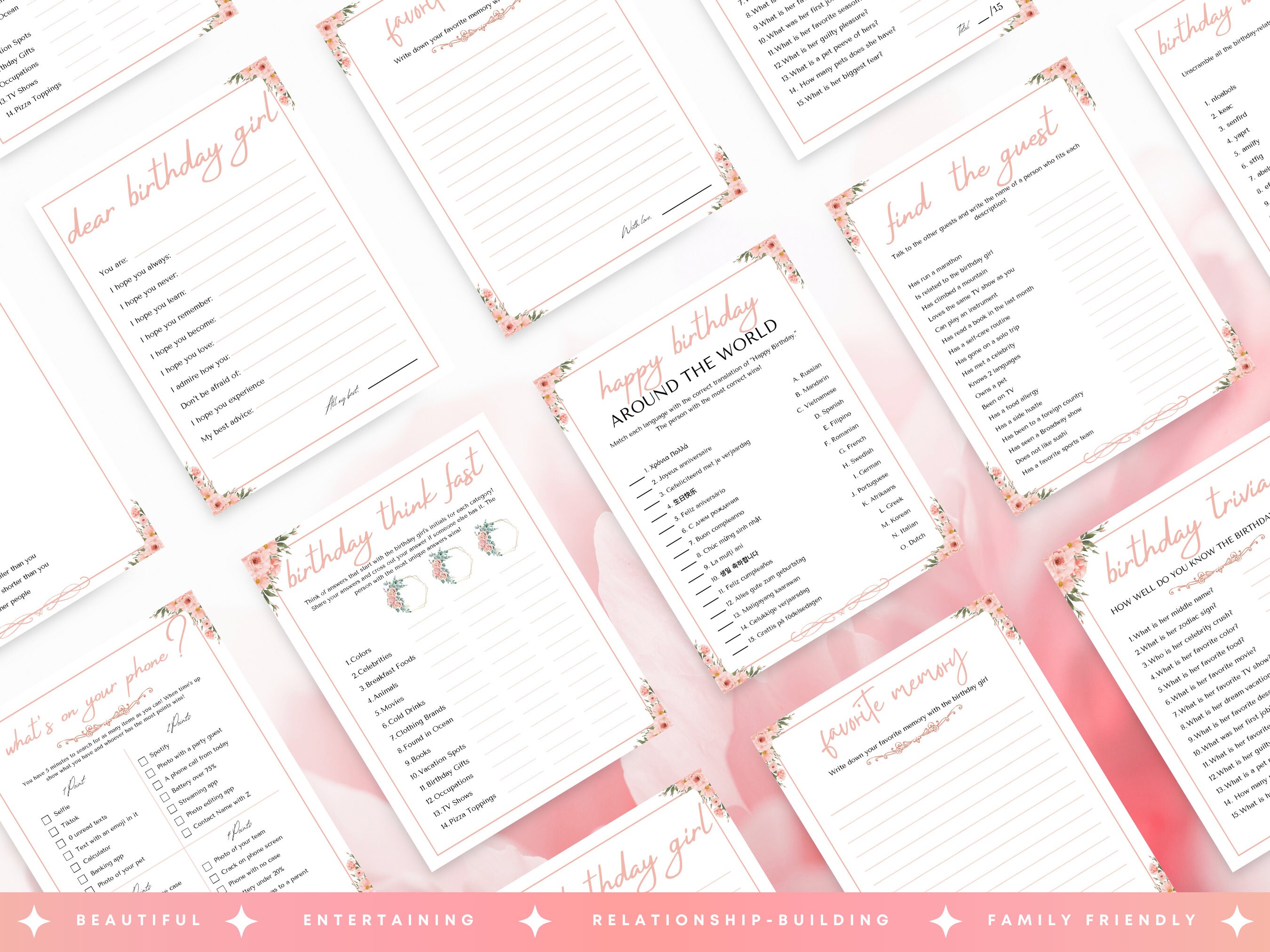 Printable Birthday Party Games for Her | Pink Floral | 10 Pack Bundle ...