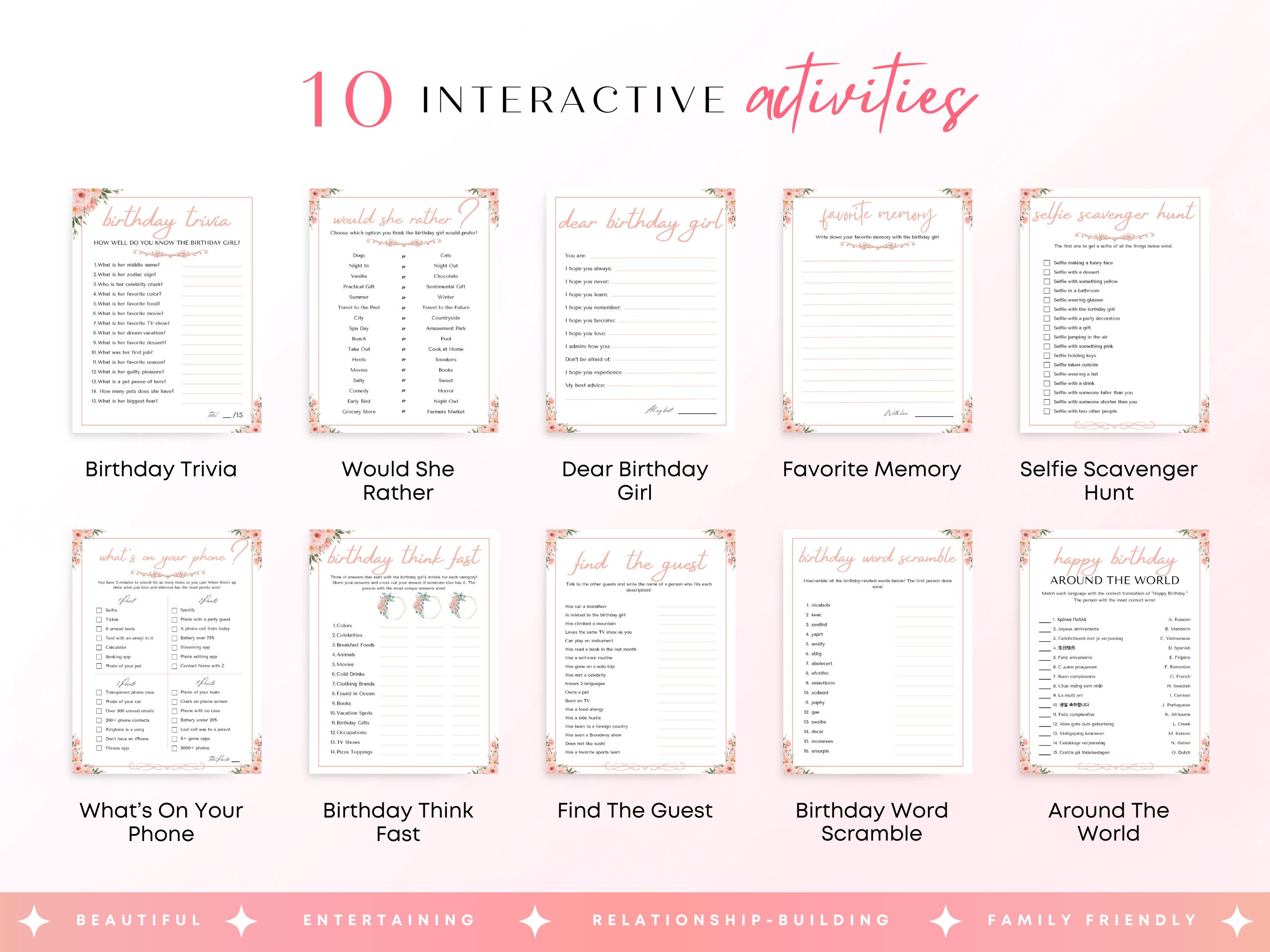 Printable Birthday Party Games for Her | Pink Floral | 10 Pack Bundle ...