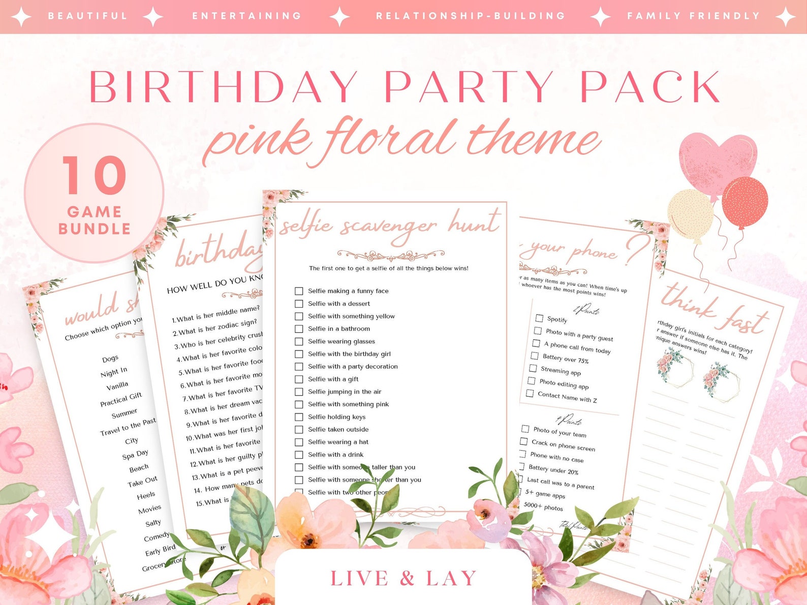 Printable Birthday Party Games for Her | Pink Floral | 10 Pack Bundle ...