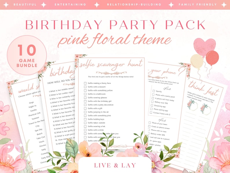 Printable Birthday Party Games for Her | Pink Floral | 10 Pack Bundle ...