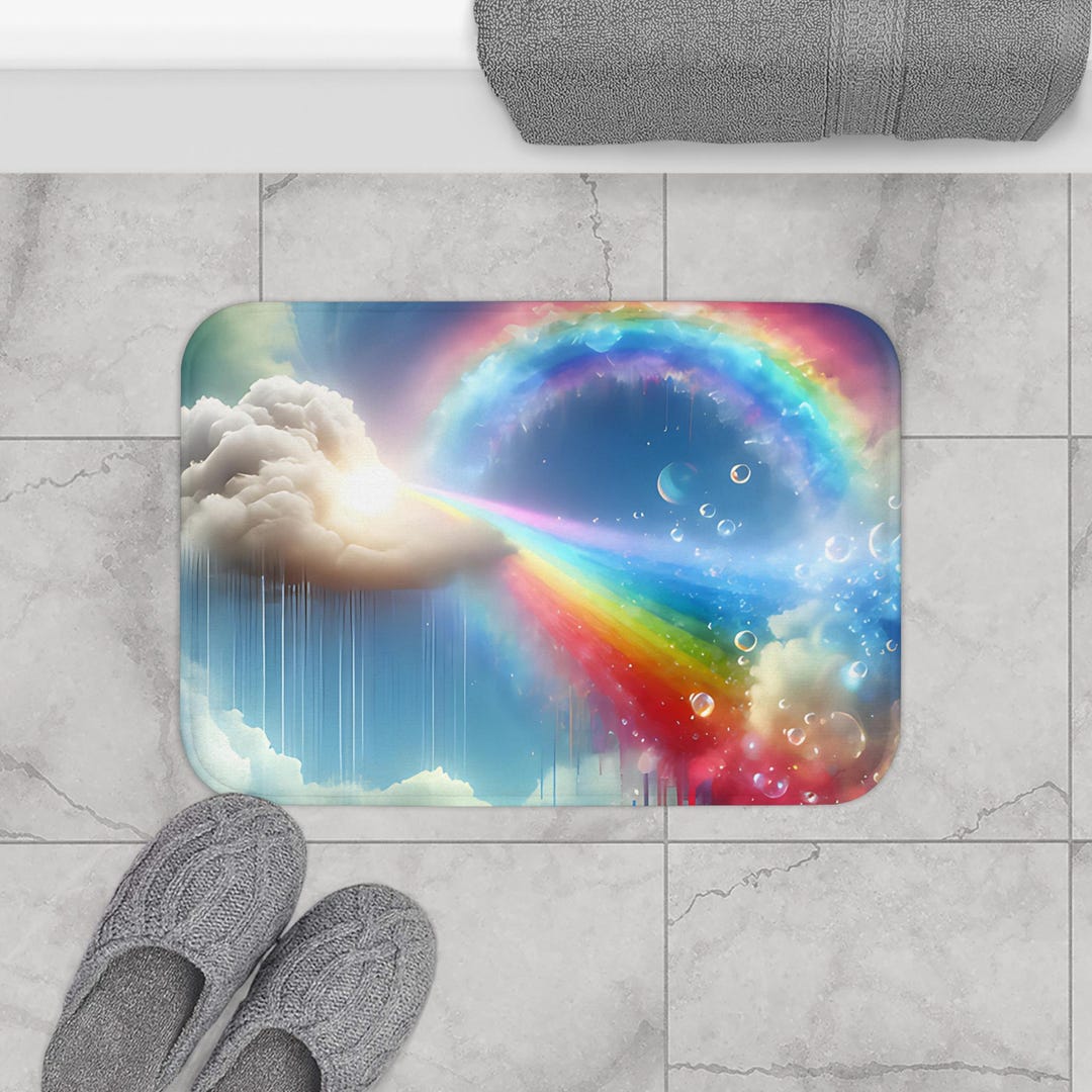 Rainbow Rain Bath Mat: Sky Blue Bathroom Decor, Absorbent Microfiber ...