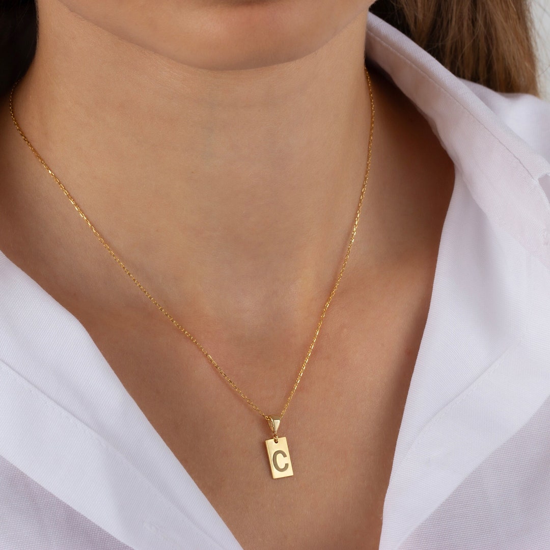Dainty Engraved Tag Necklace Custom Initial Tag Necklace Personalized ...
