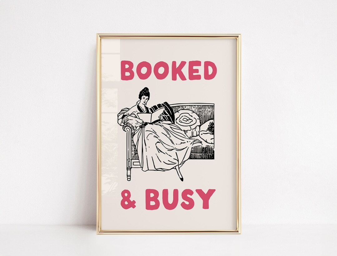 BOOKED AND BUSY Retro Library Wall Art Book Lovers Reading Vintage Book ...