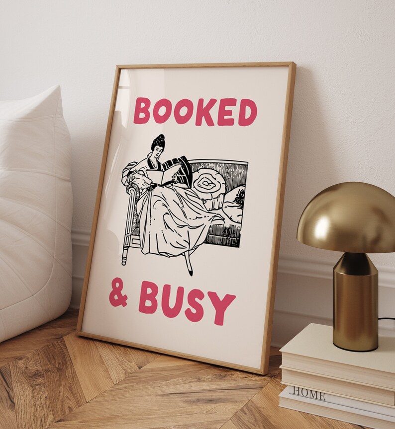 BOOKED AND BUSY Retro Library Wall Art Book Lovers Reading Vintage Book ...