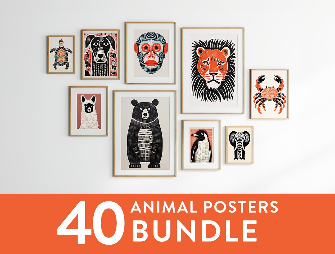 40 Animal Poster Bundle | Retro Home Wall Art | Kids Toddler Room ...
