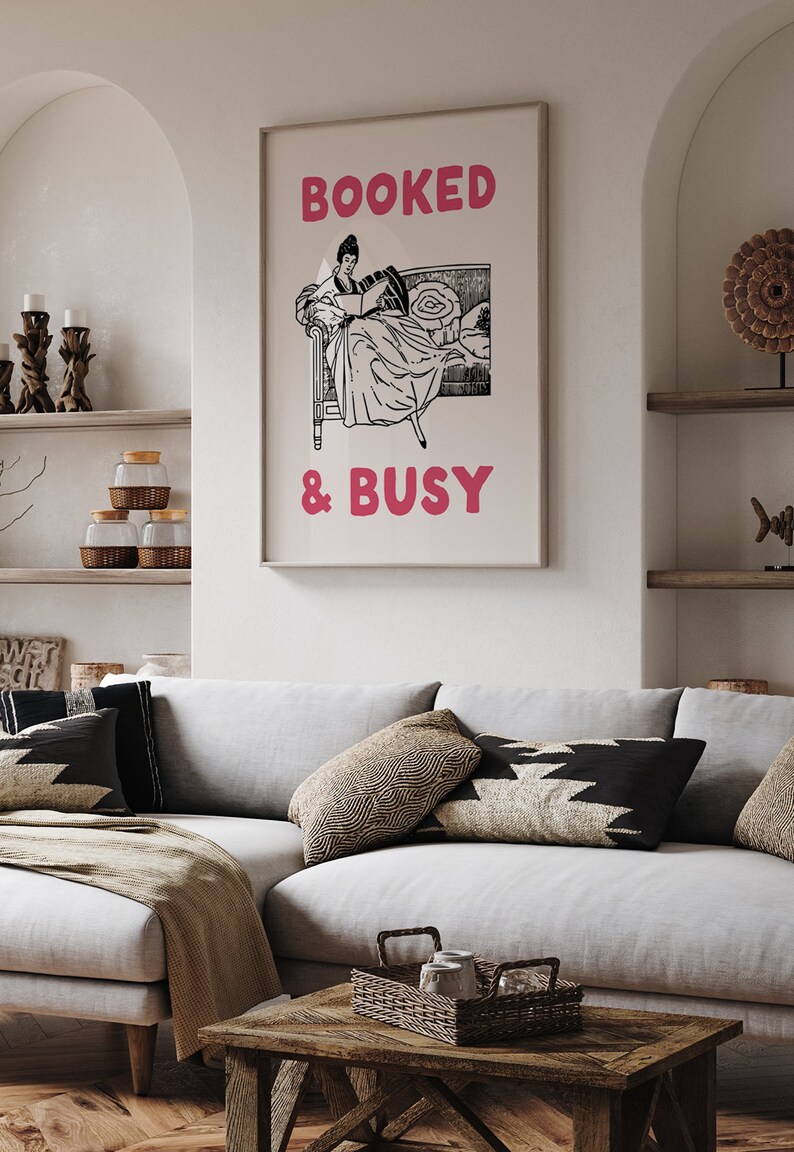 BOOKED AND BUSY Retro Library Wall Art Book Lovers Reading Vintage Book ...