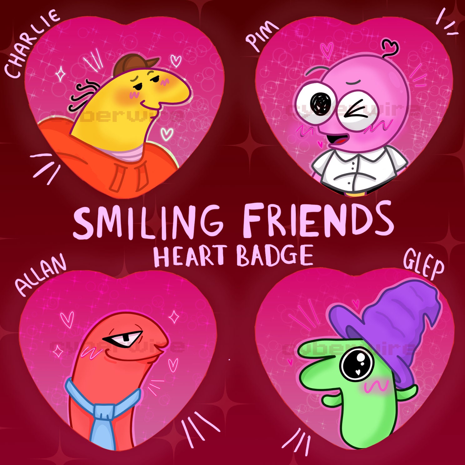 Smiling Friends Charlie Pim Allan Glep Heart Badge 2.24 Inch - Etsy