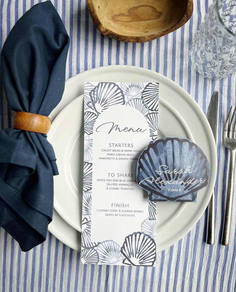 Navy Trio of Shell Place Card PRINTABLE EDITABLE Seashell Scallop ...