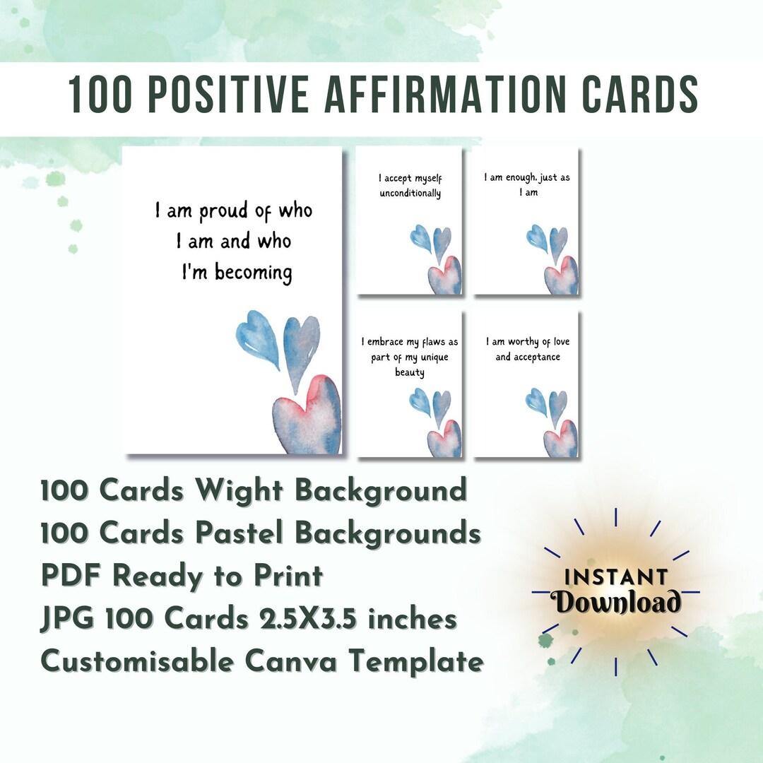100 Positive Affirmation Cards Digital Download, Self-discovery and ...