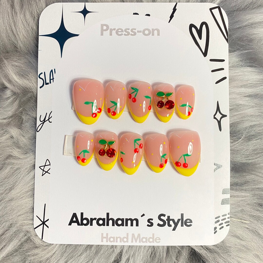 Reusable Press-on Nails With Cherry Design, 22 Mm Long. - Etsy