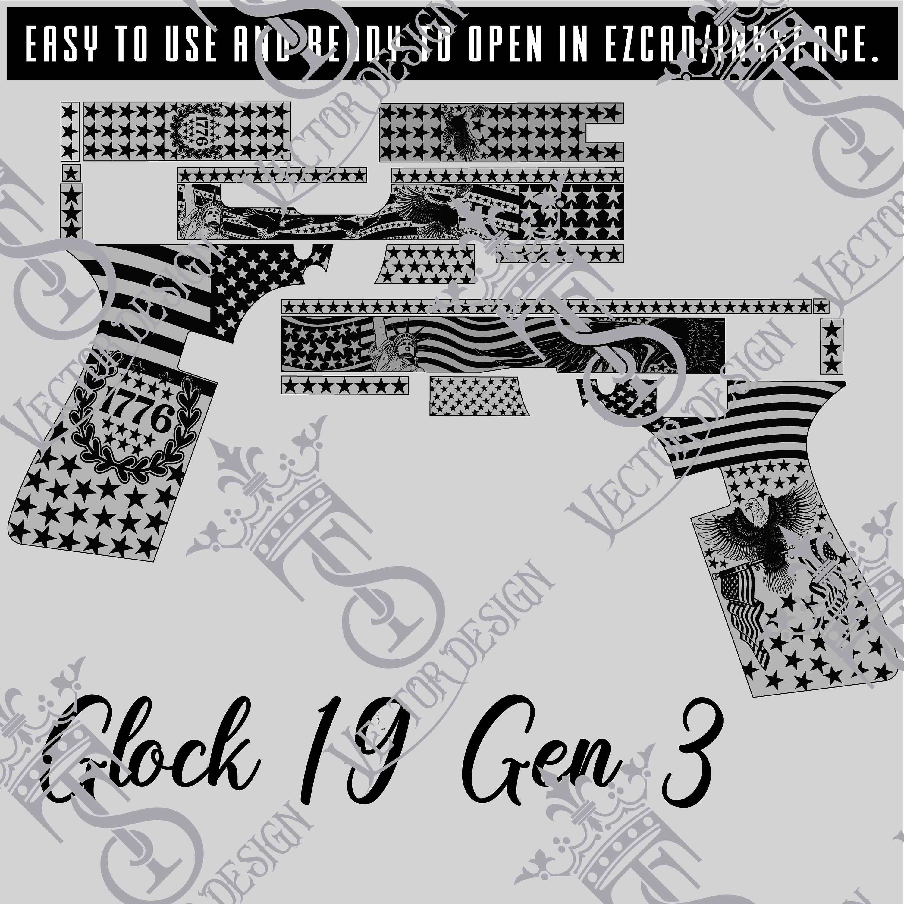 Glock 19 Gen 3 American Theme Vector Design Engraving Files,pistol ...