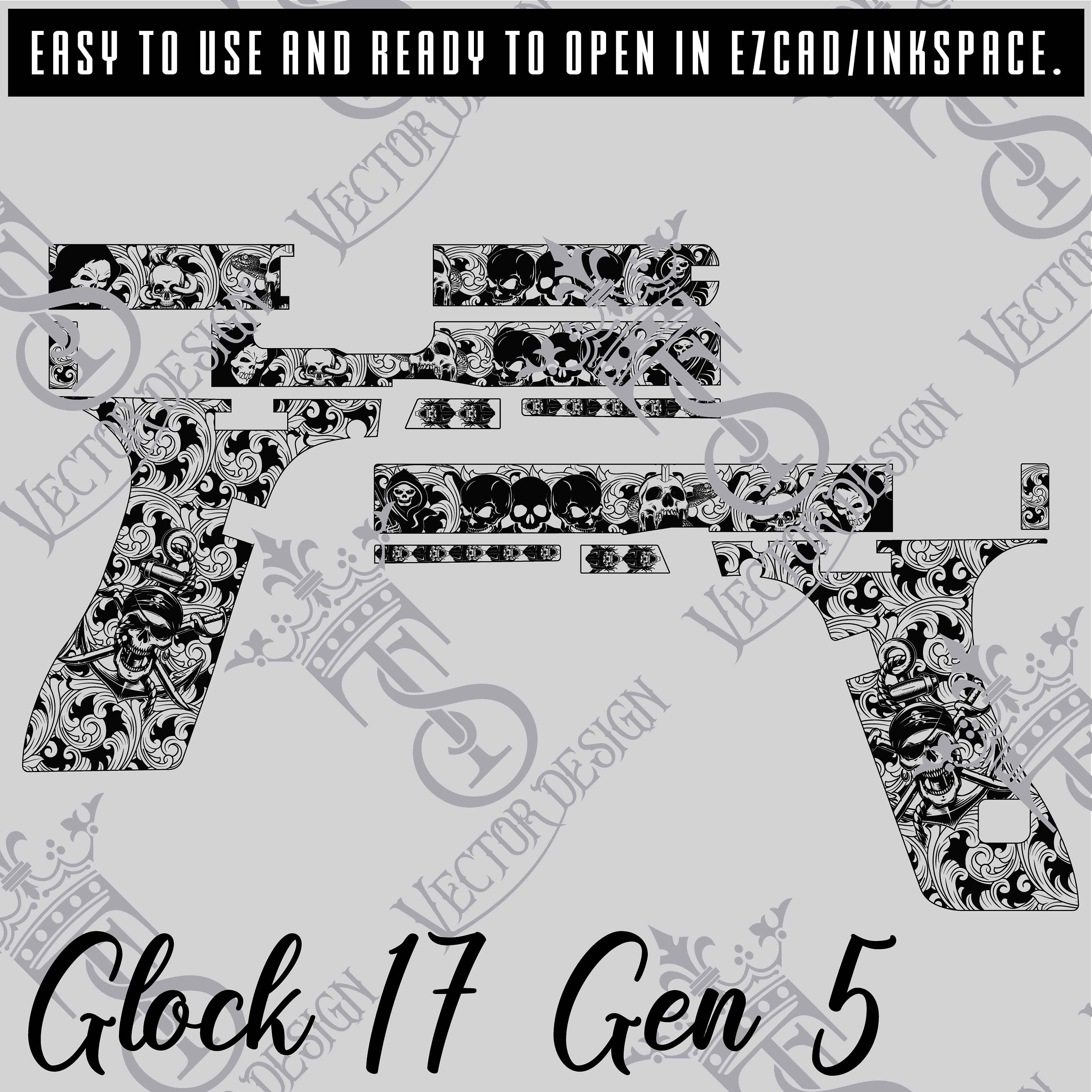 Glock 17 Gen 5 Scroll With Skull Vector Design Engraving Files,pistol ...
