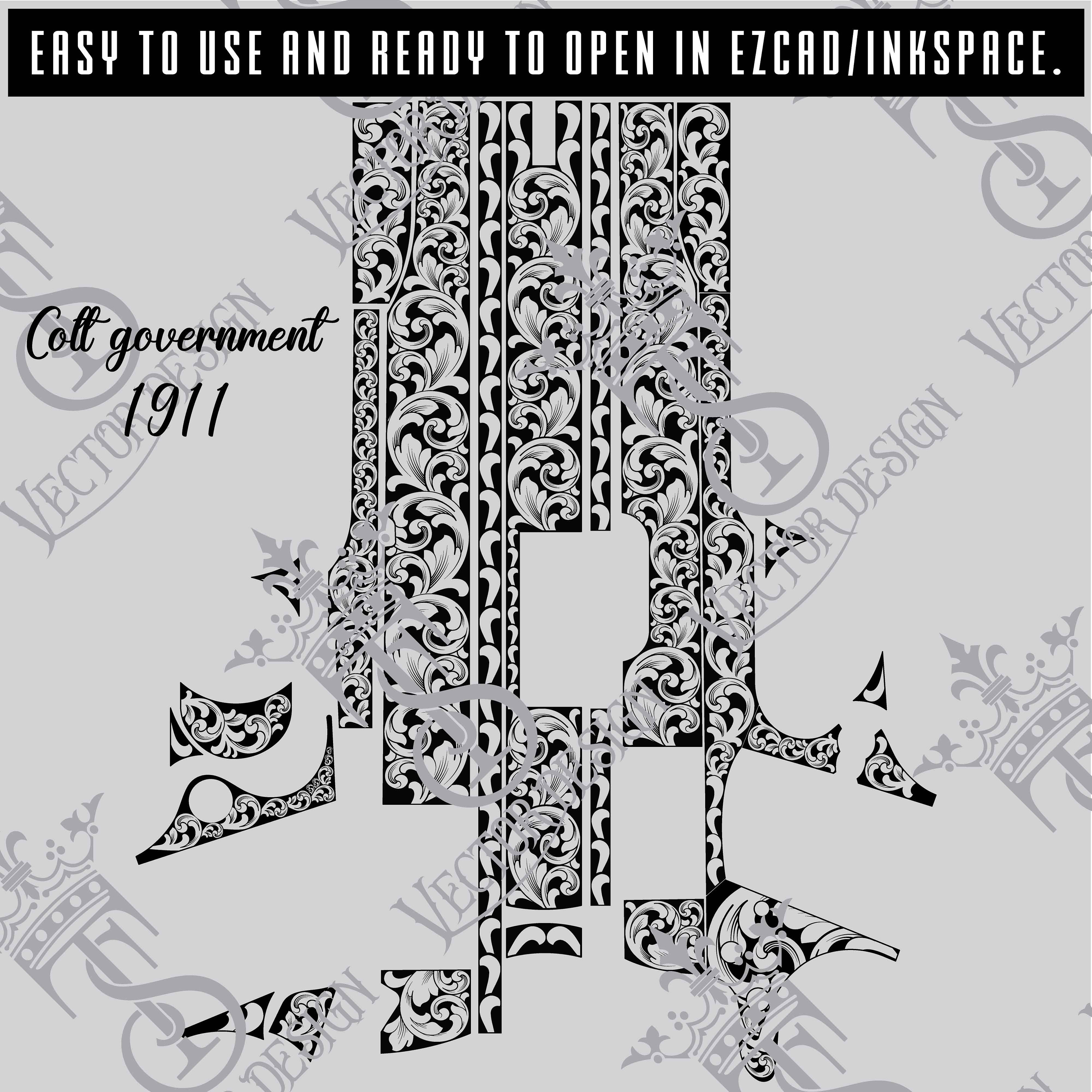 Colt Government 1911 Scroll Vector Design Engraving Files,pistol ...