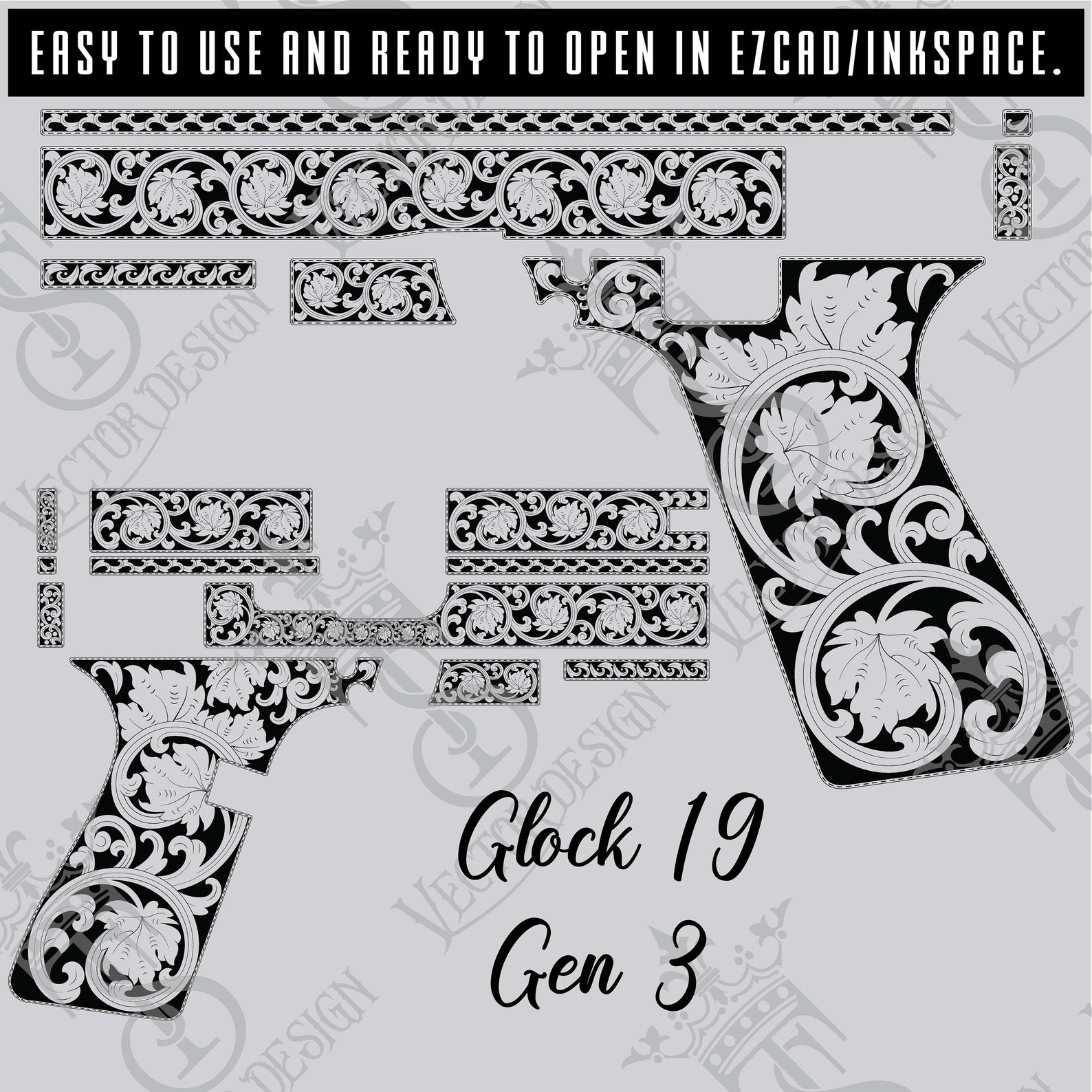 Glock 19 Gen 3 Scroll Vector Design Engraving Files,pistol Engrave ...