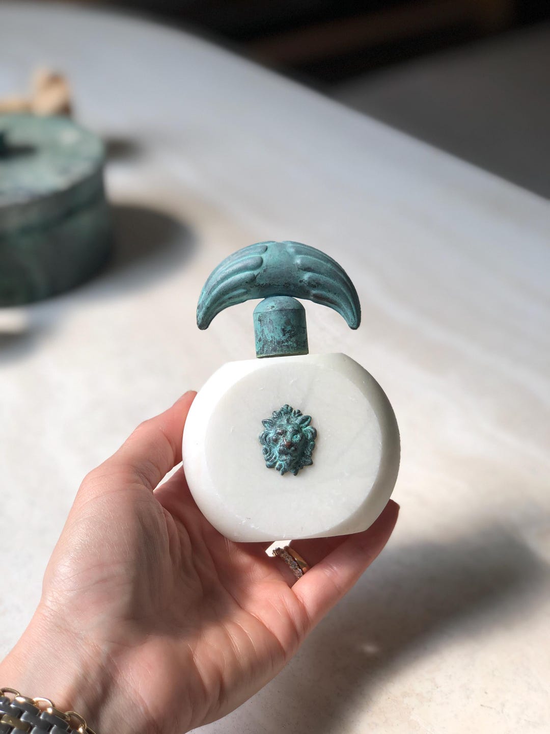 Vintage Alabaster Perfume Bottle | Made in Italy | Verdigris | Lion ...