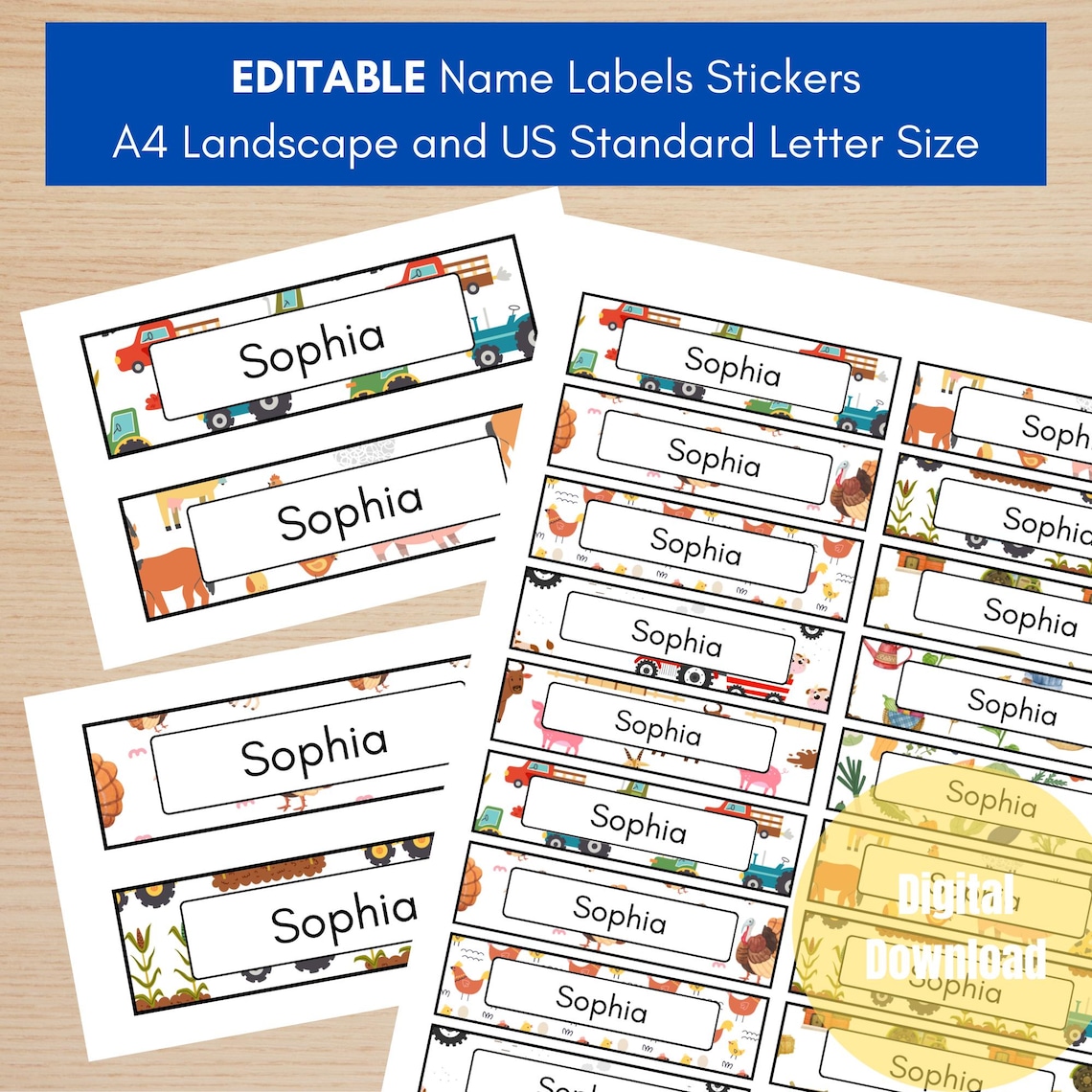 EDITABLE Name Label for School, Printable Classroom Name Tags, Farm ...