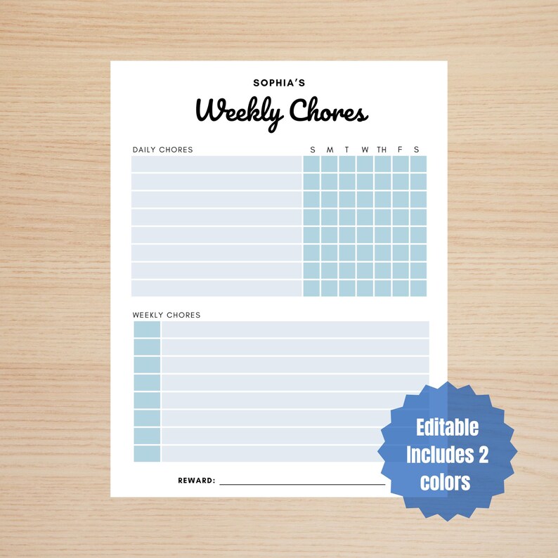 Editable Chores Chart for Kids, Editable Daily and Weekly Kids Chore ...