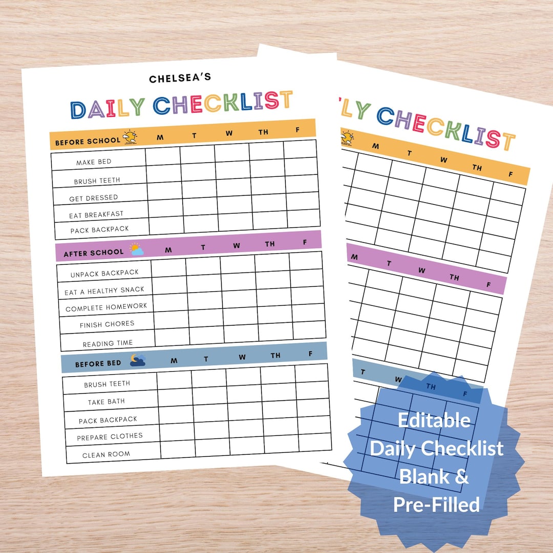 Kids Daily Checklist, Kids Daily Checklist Editable, Chore Chart for ...