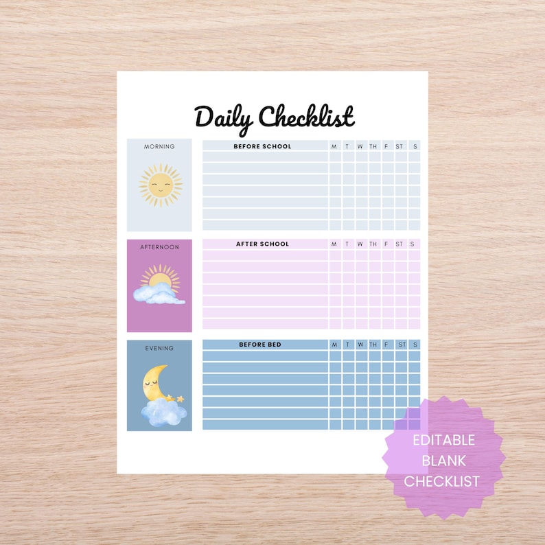 Editable Kids Daily Checklist, Kids Daily Checklist Editable, Chore ...