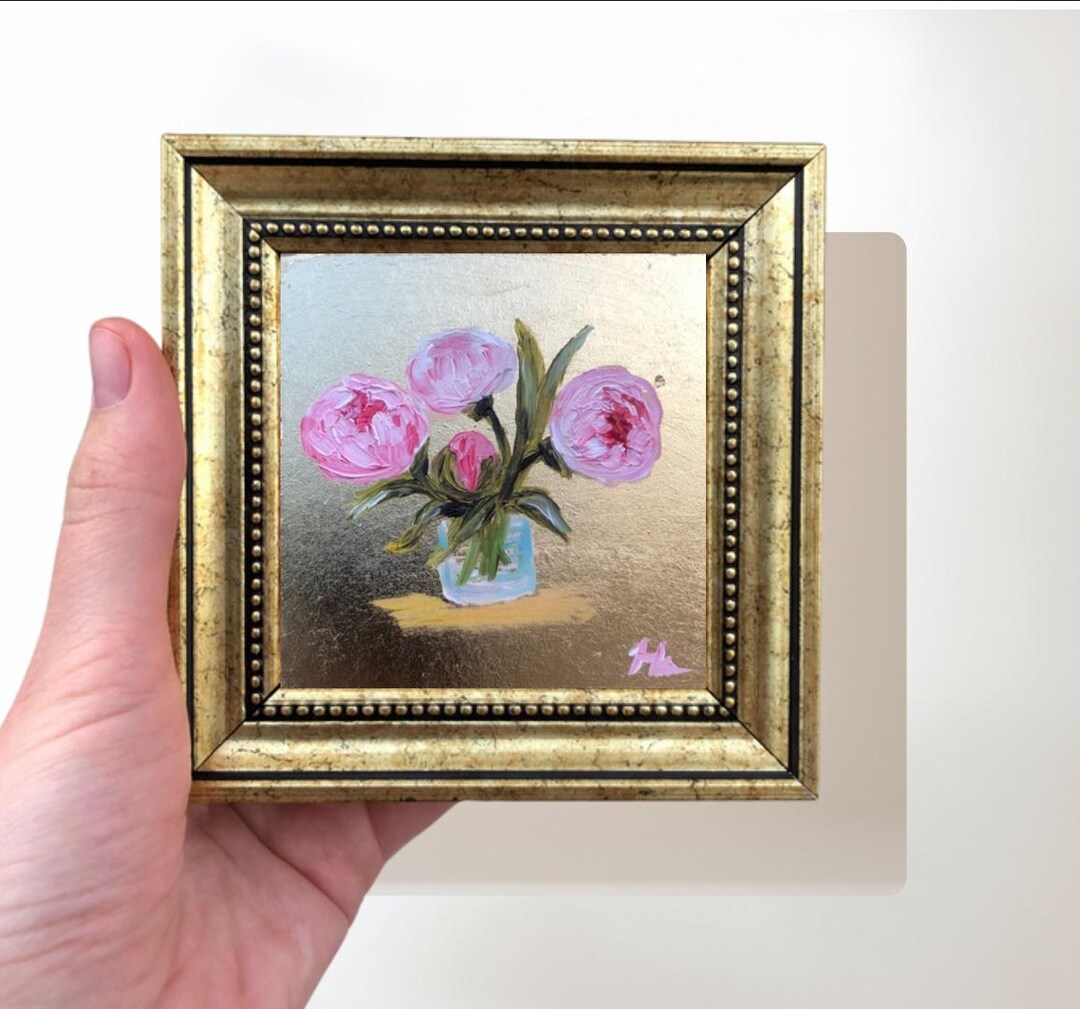 Peony Flowers Oil Painting, 4x4 Small Framed Floral Art, Birth Month ...