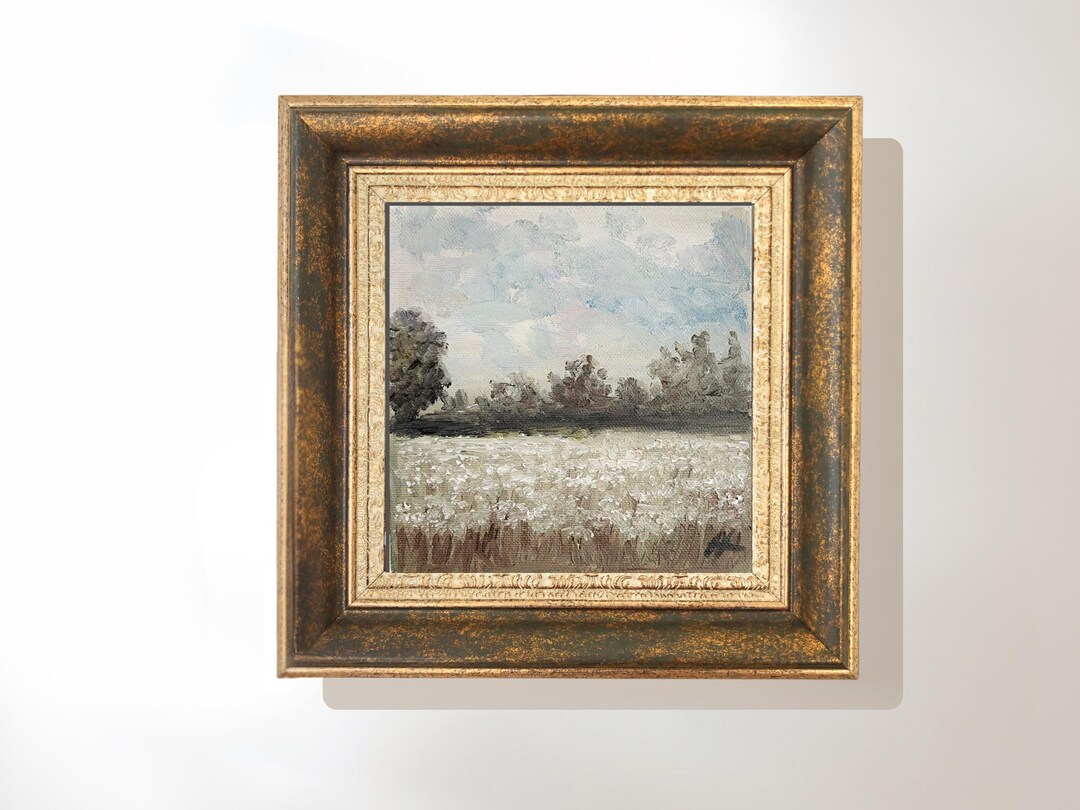 Wildflower Field Landscape; 9x9 Inch Vintage Framed Gloomy Scenery Wall ...