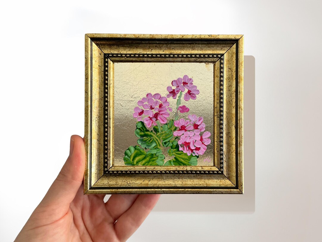 Original Geranium Oil Painting, Pink Mini Floral Art, Small Framed Wall ...