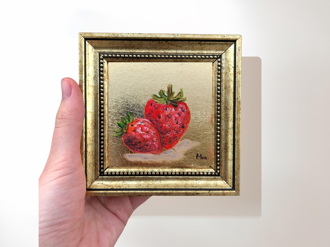 Strawberry Painting on Gold Leaf, 4x4 Inch Framed Wall Art, Kitchen ...