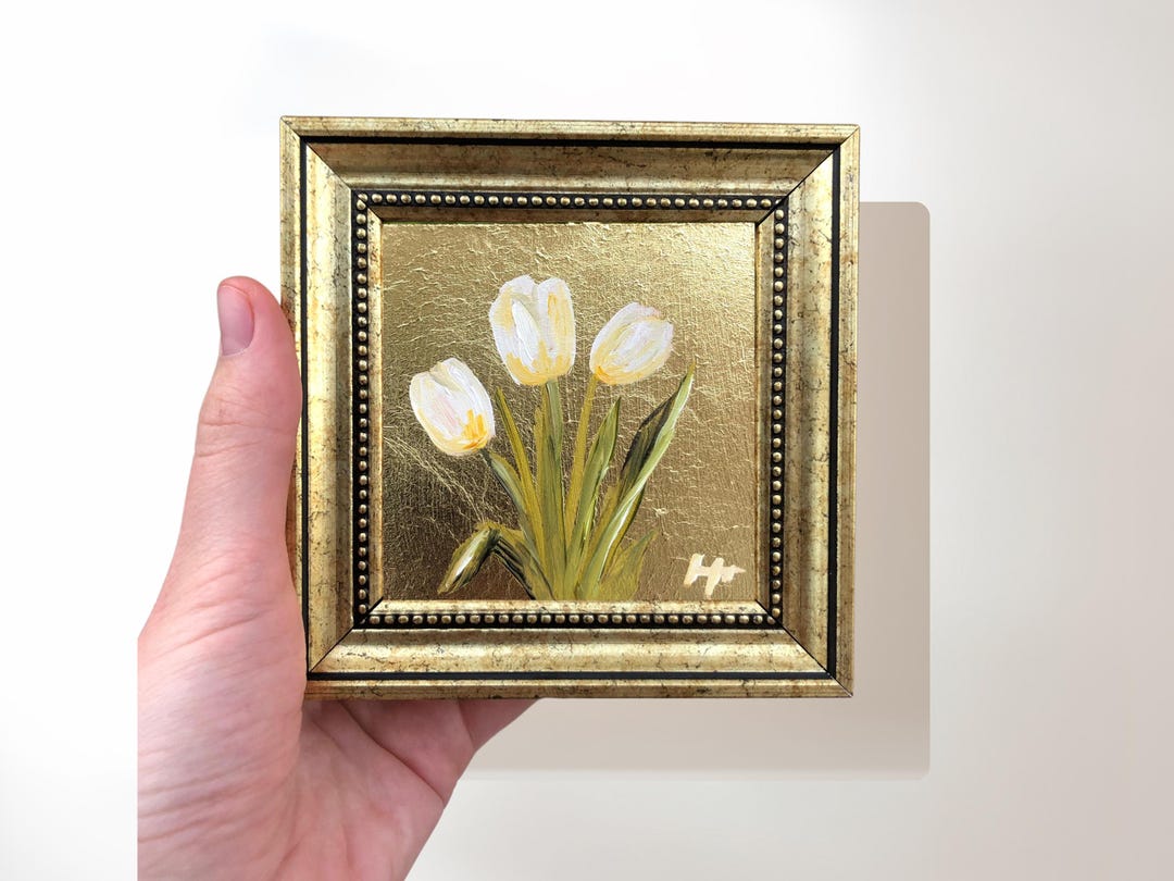 White Tulips Gold Leaf Painting, Original Signed Miniature Framed Art ...