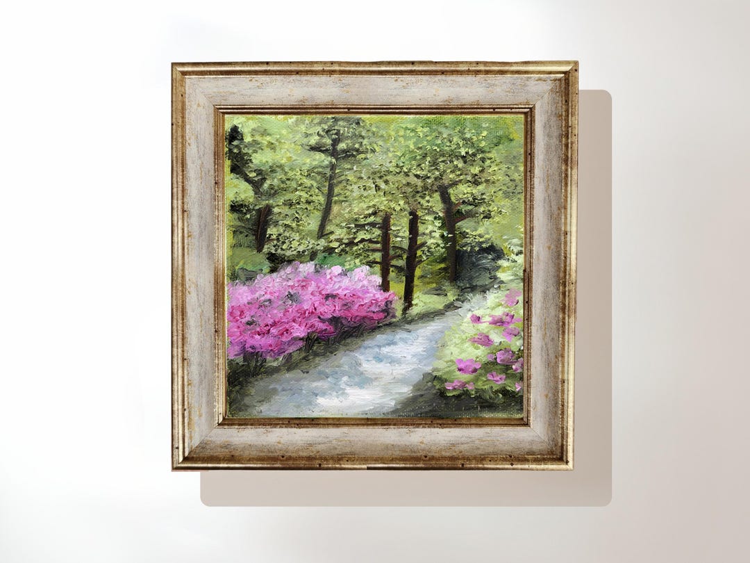 Flowery Forest Road Landscape Painting, 8x8 Vintage Framed Rose Garden ...
