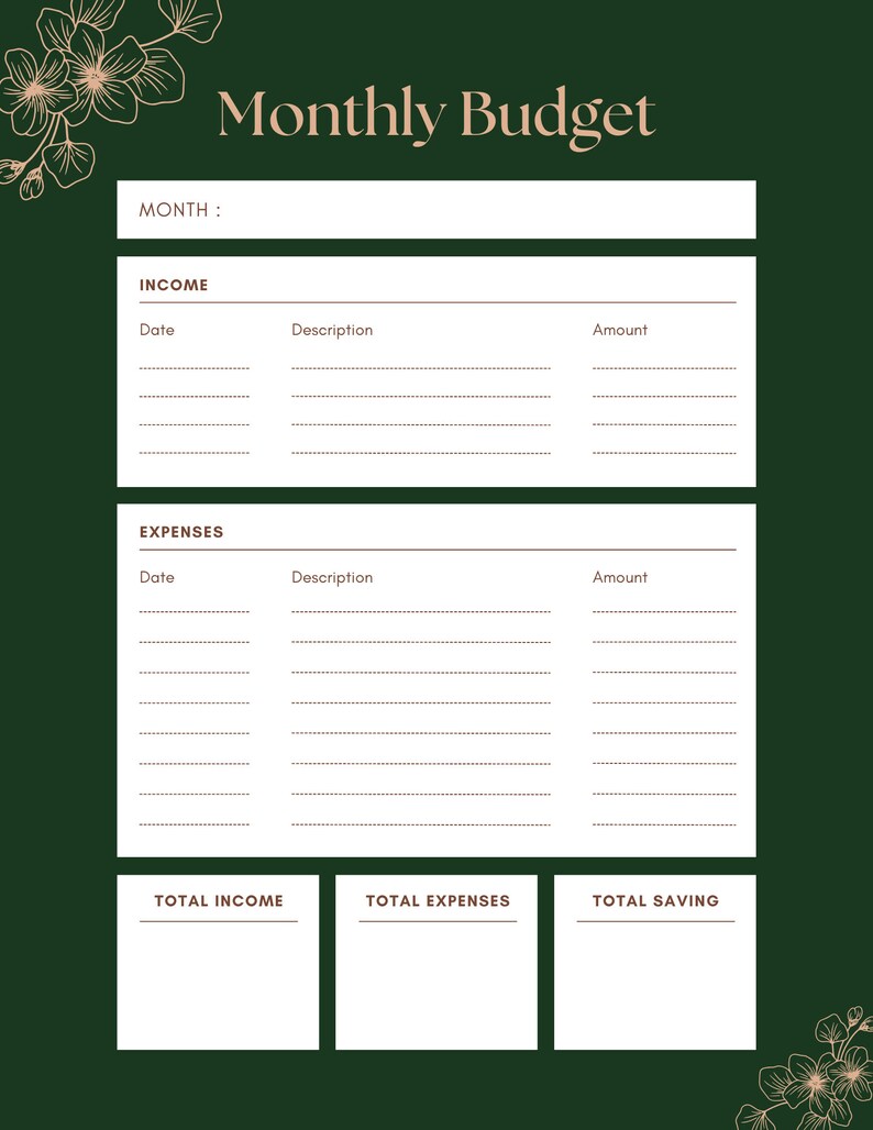 PRINTABLE Monthly Budget, Green Monthly Budget, Digit Al Planner ...