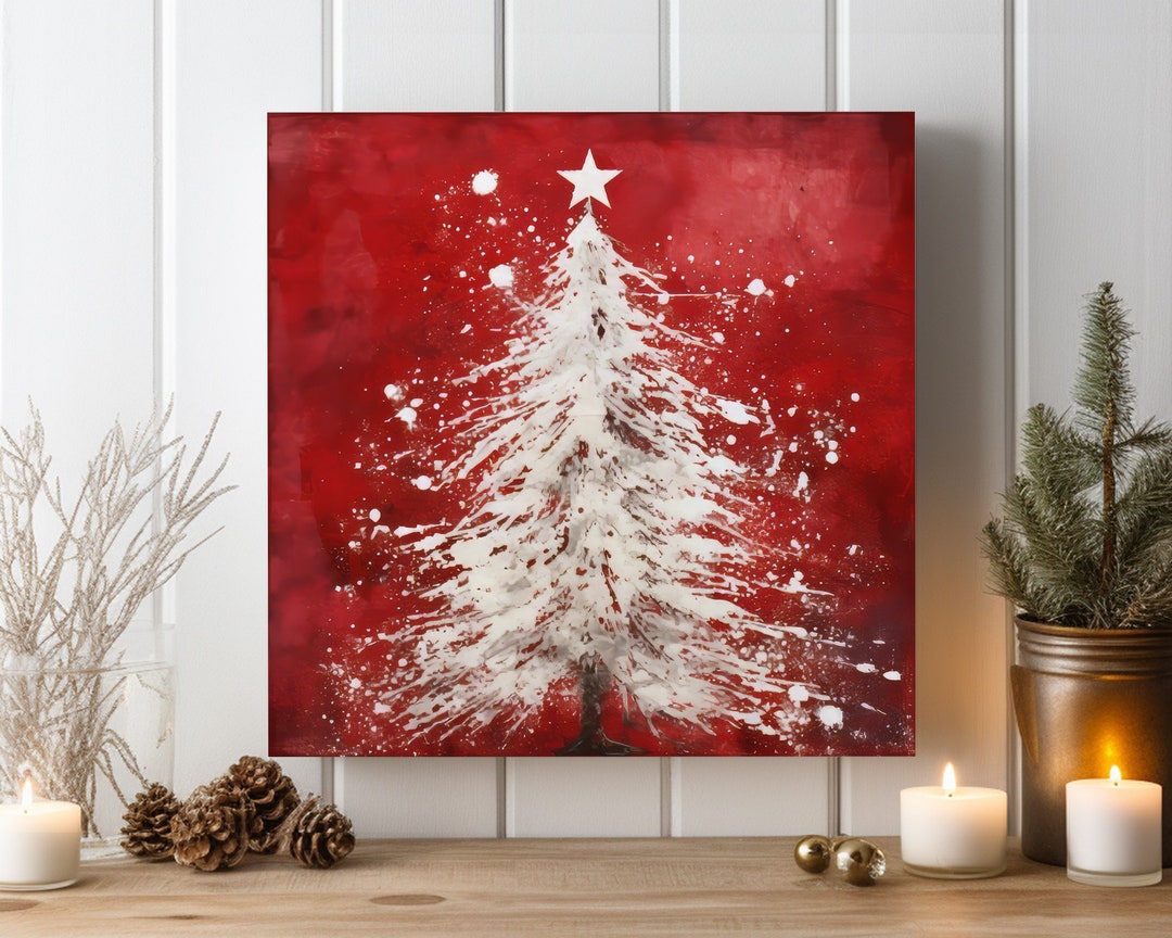 Minimalistic Christmas Tree | Red and White Christmas Tree Canvas Wall ...