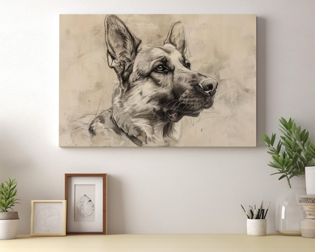 German Shepherd Pencil Sketch | Dog Portrait Wall Art on Canvas | Pet ...