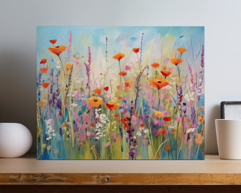 Colorful Wildflower Field Art Print Abstract Field of Flowers Canvas Wall Art Bright Botanical ...