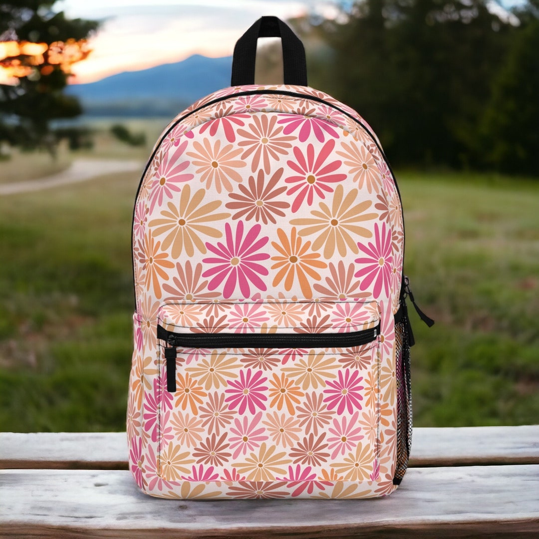 Pink Retro Daisy Backpack Floral Book Bag for School and College ...