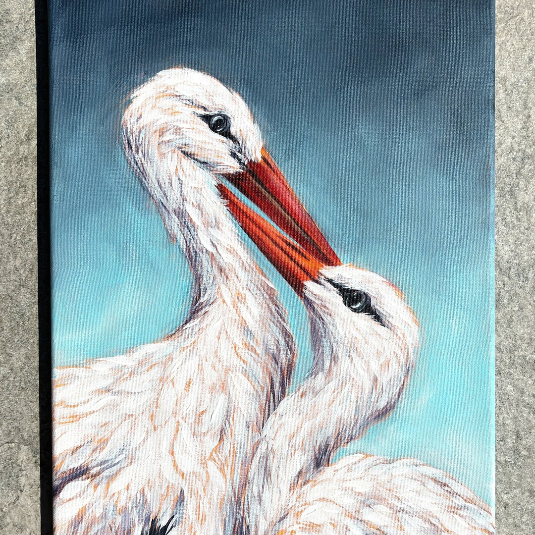 Storks Painting Blue Wall Art, Pair of Bird Painting, Vibrant Colorful ...