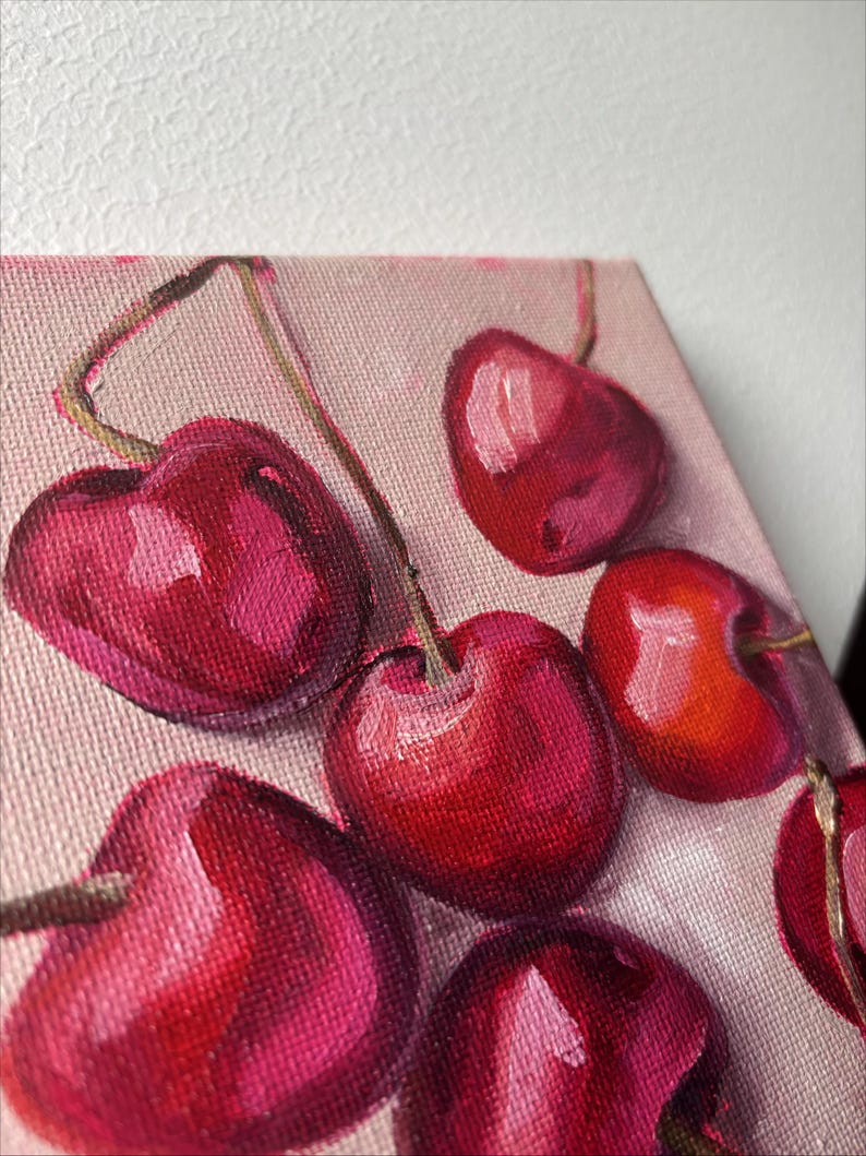 Cherries Painting Pink Wall Art, Berries Still Life for Kitchen ...