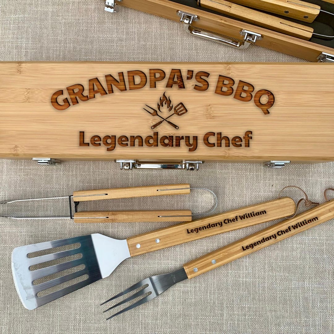 Personalised Bamboo BBQ Tools & Box Set, Grandpas Bbq Set | Custom ...