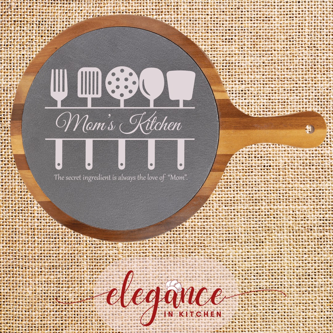 Personalized Mom's Kitchen Round Acacia Wood Slate Serving Board With ...