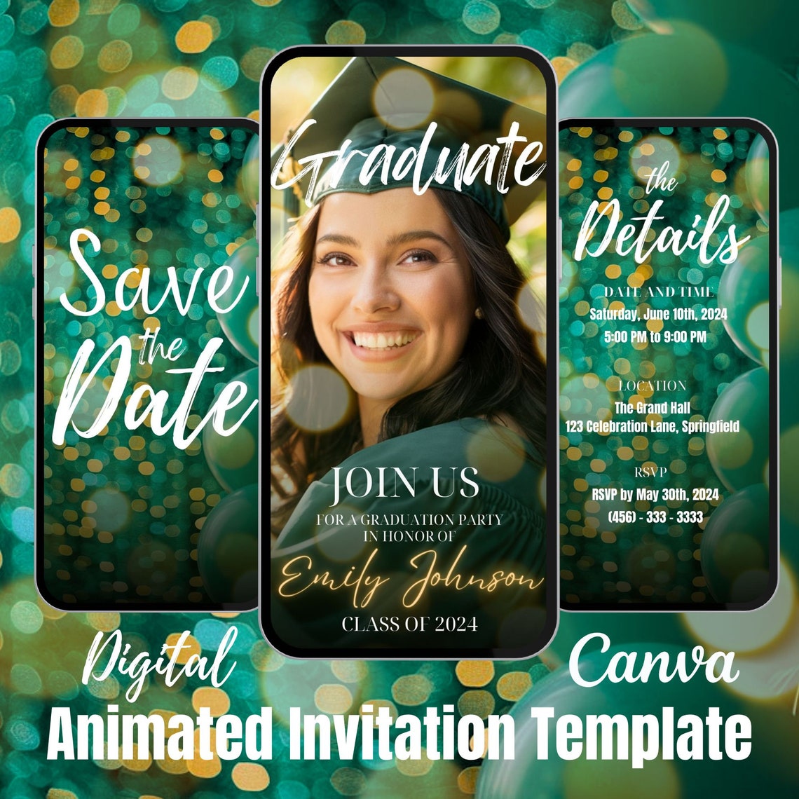 2024 Grad Party Invitation Video, Graduation Invitation, Green Theme ...