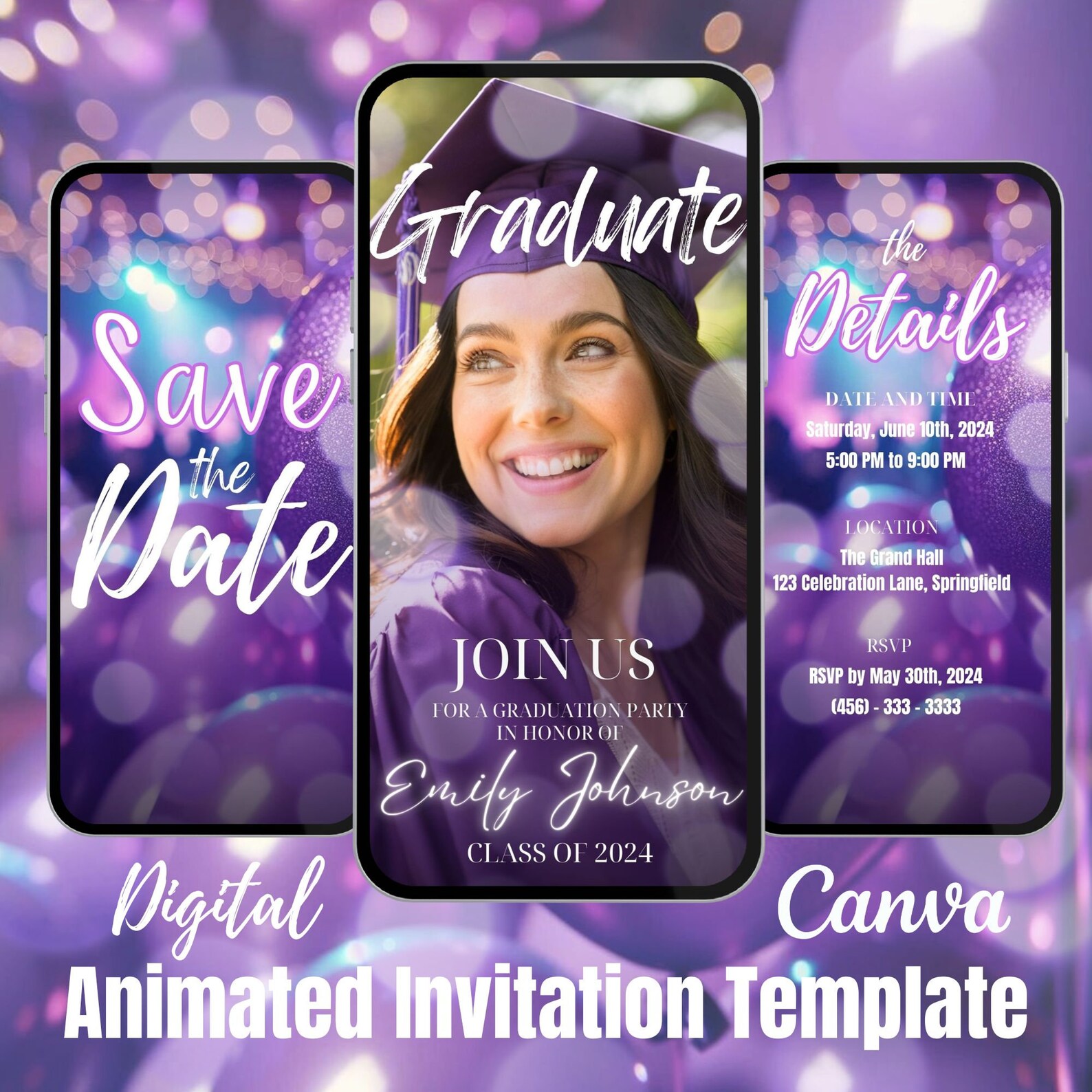 2024 Purple Theme Graduation Invitation, Animated Invitation Template ...