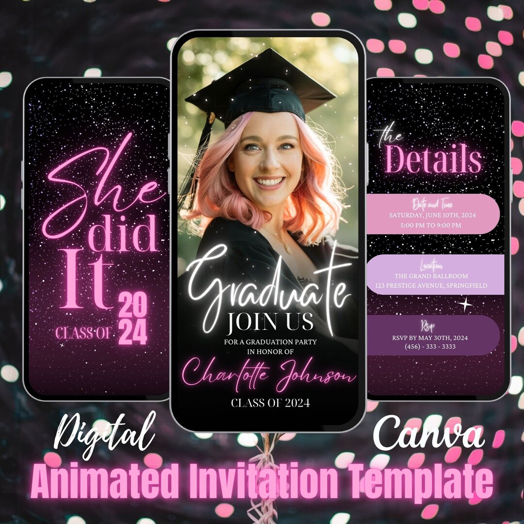 2024 Grad Digital Invite, Black Pink, Grad Party Invitation Video ...