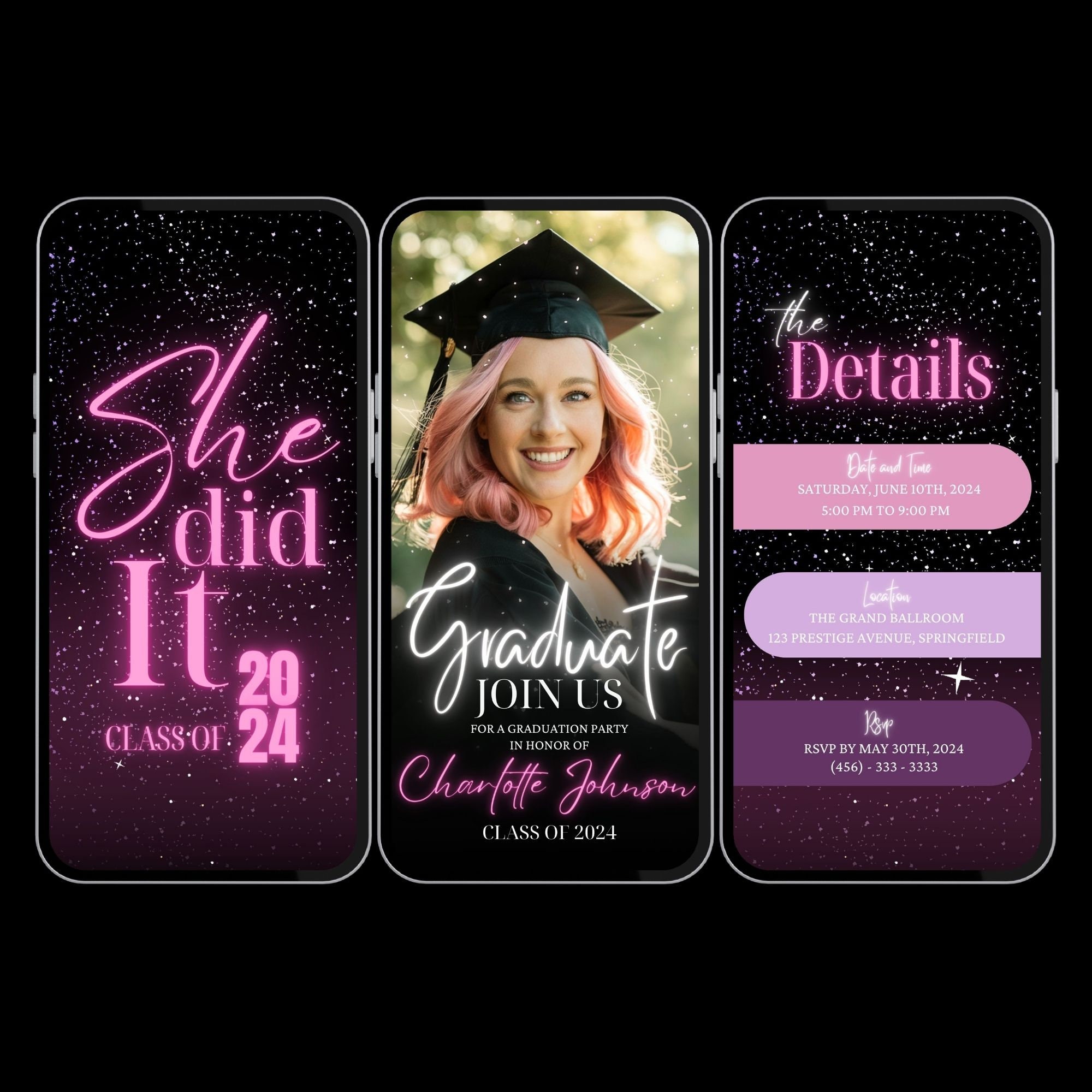 2024 Grad Digital Invite, Black Pink, Grad Party Invitation Video ...