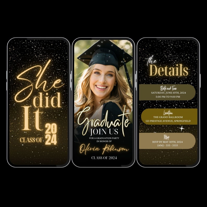 2024 Grad Party Invitation Video, Graduation Invitation, Black Gold ...