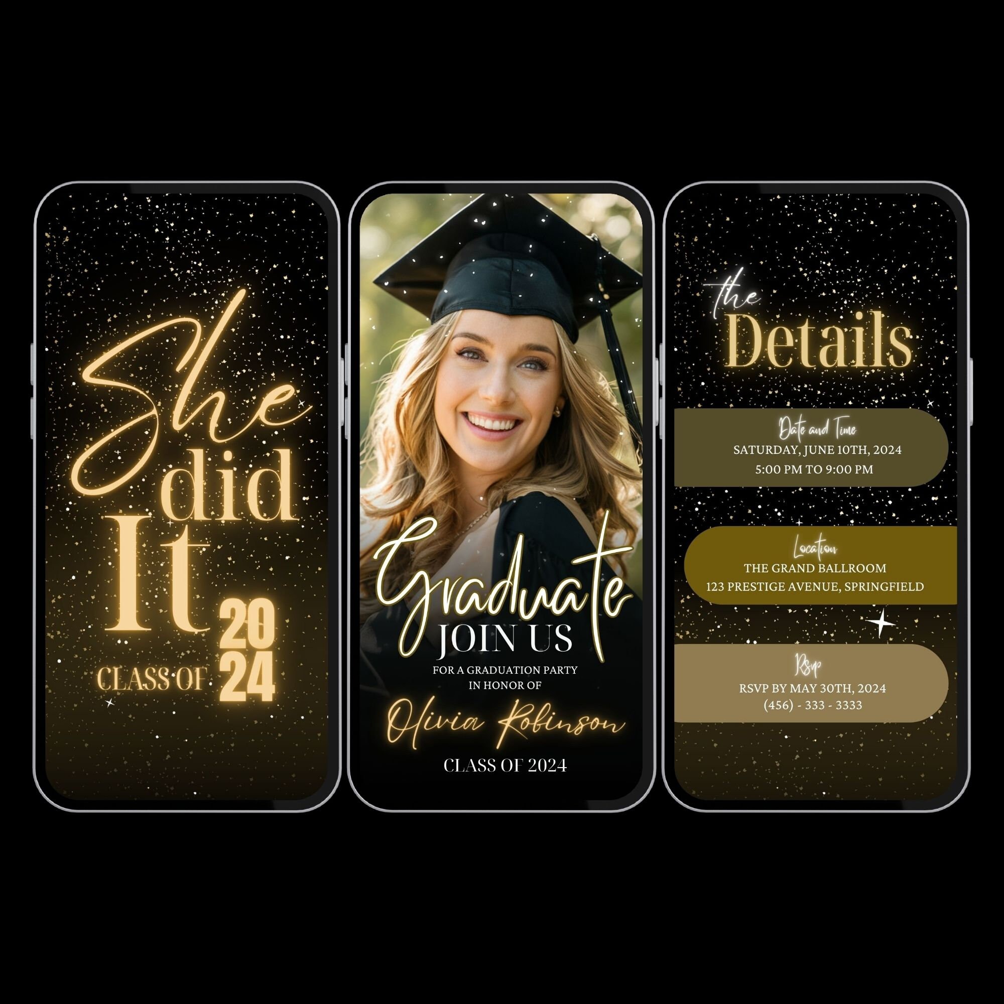 2024 Grad Party Invitation Video, Graduation Invitation, Black Gold ...